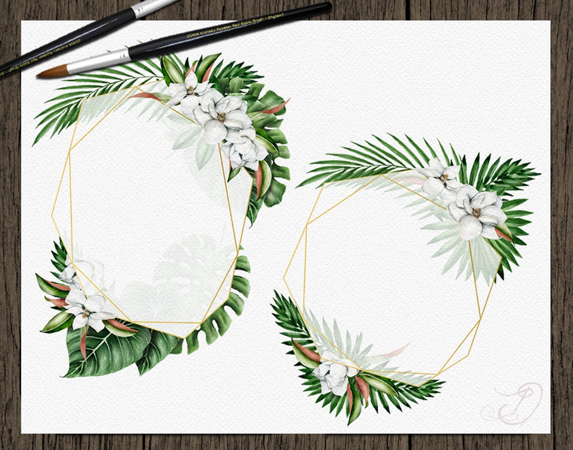 Watercolor Tropical Greenery Geometric Clipart Frame White - Etsy