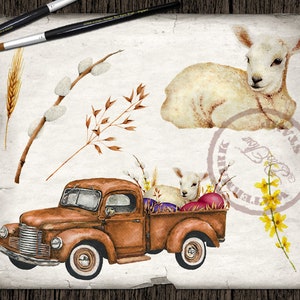 Watercolor Easter Truck Clipart Rabbit Eggs Clip Art Lamb Spring Easter ...