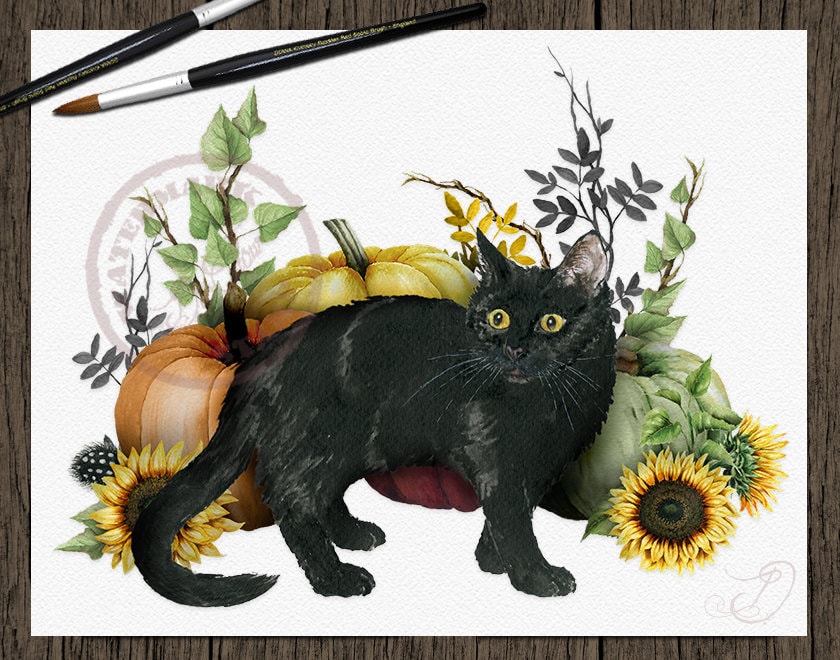 Watercolor Halloween Black Cat Fall Autumn Pumpkin Clipart - Etsy UK