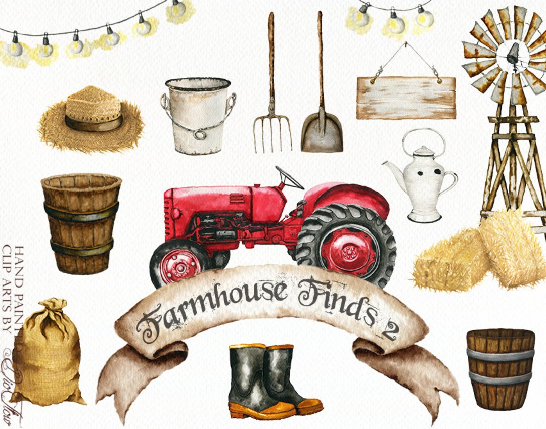 Watercolor Farmhouse Red Tractor Country Farm Clipart Cottage Clip Art ...