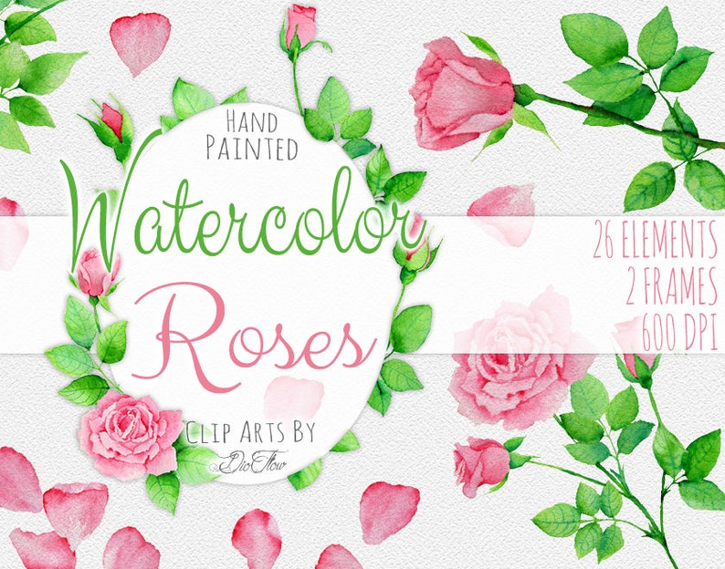 Watercolor Pink Rose Clipart Roses Petals Clip Art English Pink Green ...
