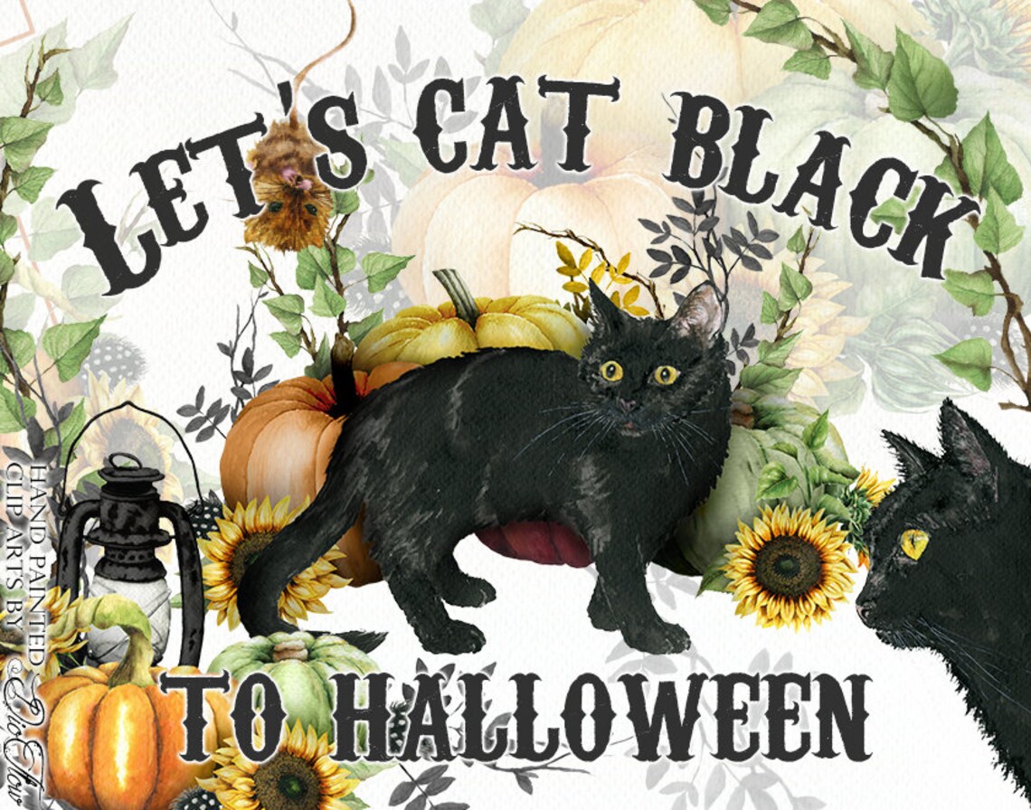 Watercolor Halloween Black Cat Fall Autumn Pumpkin Clipart Leaves ...