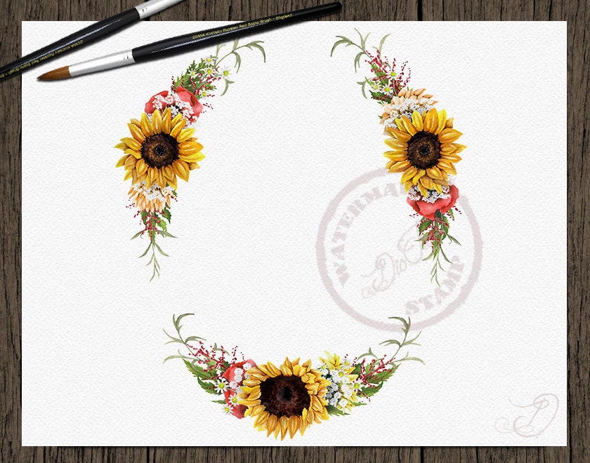 Sunflower Watercolor Farm Wild Flowers Country Clipart Wreath - Etsy