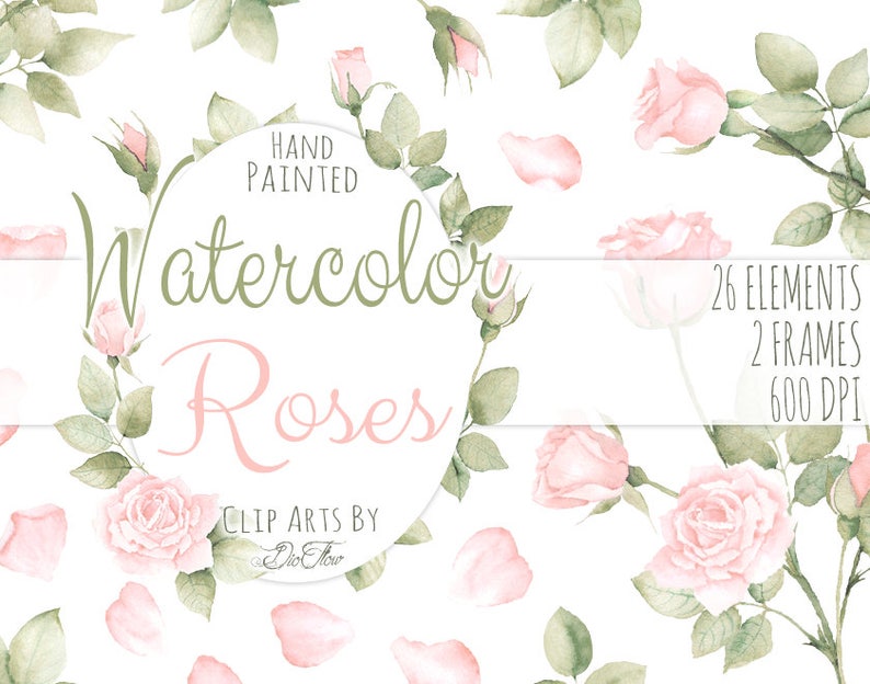 Watercolor Pink Rose Clipart Roses Petals Clip Art English Pink Green ...