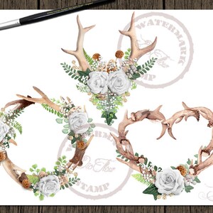 Antlers Clipart Rose Woodland White Floral Deer Watercolor Forest ...