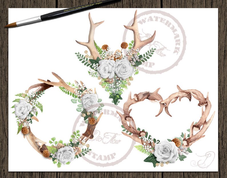 Antlers Clipart Rose Woodland White Floral Deer Watercolor Forest ...