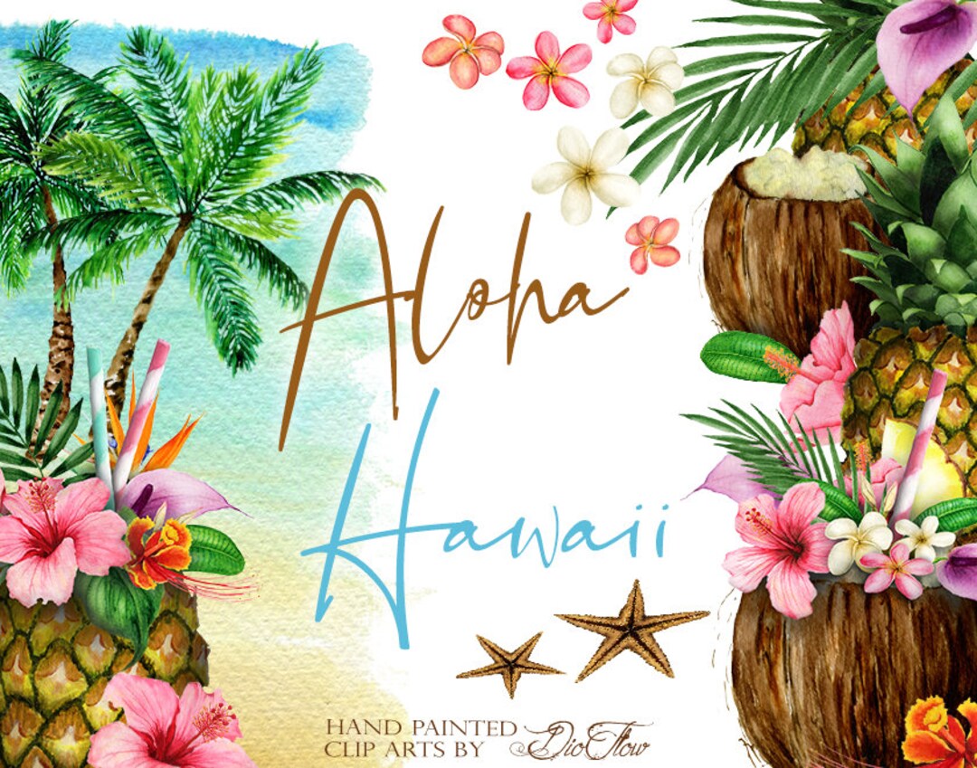 Watercolor Tropical Flowers Cocktails Leaves Clipart Clip Hawaii ...