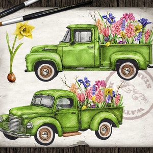 Watercolor Spring Truck Clipart Flower Car Clip Art Spring Easter Old ...