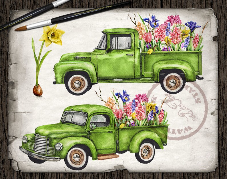 Watercolor Spring Truck Clipart Flower Car Clip Art Spring - Etsy