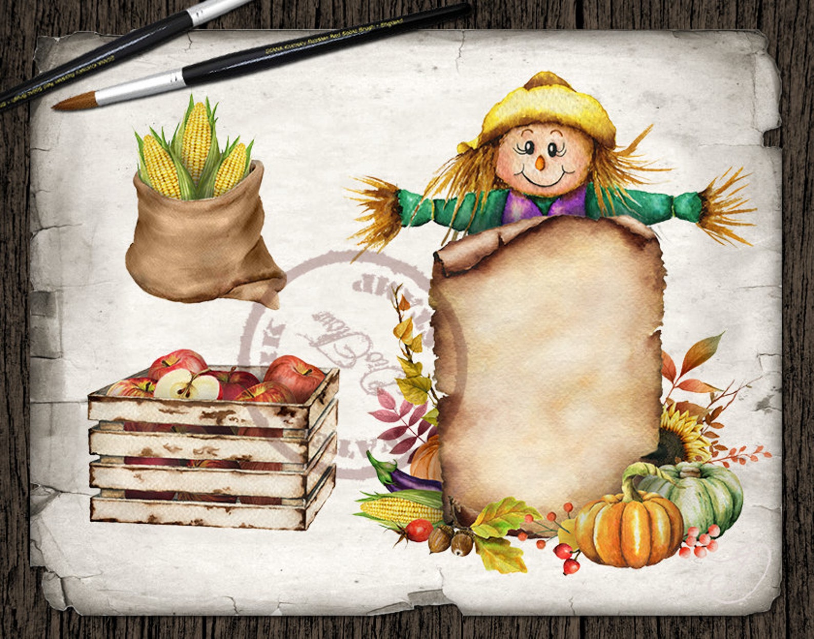 Watercolor Scarecrow Clipart Autumn Fall Clip Art Scarecrows Country ...