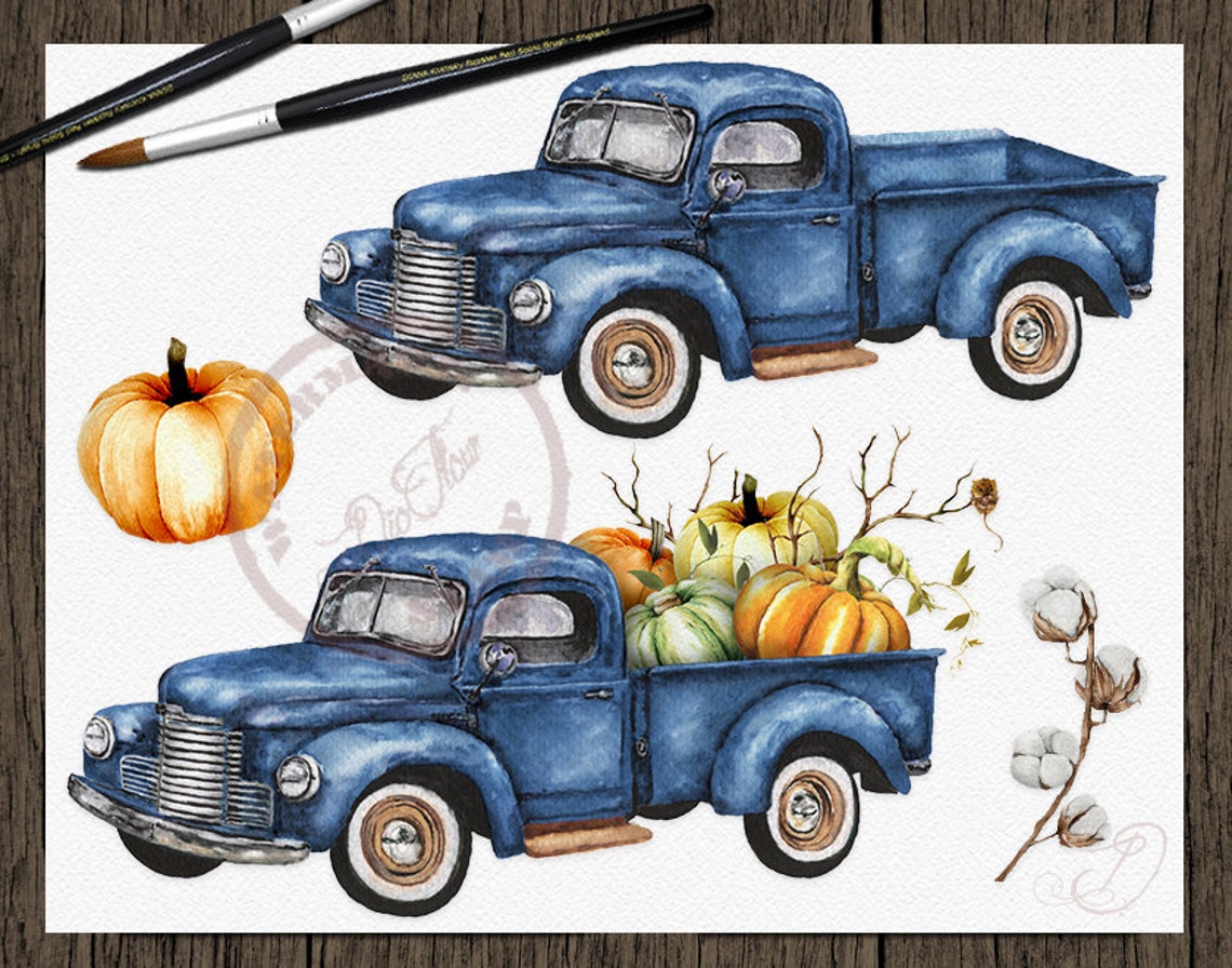 Watercolor Pumpkin Truck Clipart Pick up Car Clip Art Autumn - Etsy