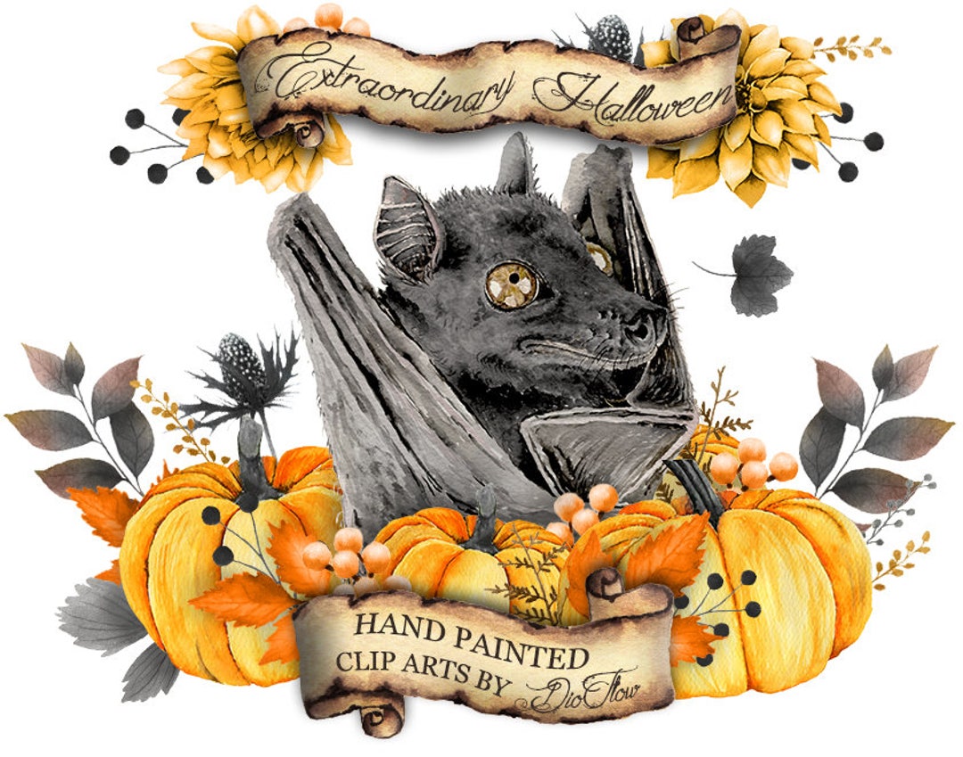 Watercolor Halloween Bat Fall Autumn Pumpkin Clipart Leaves Flowers ...