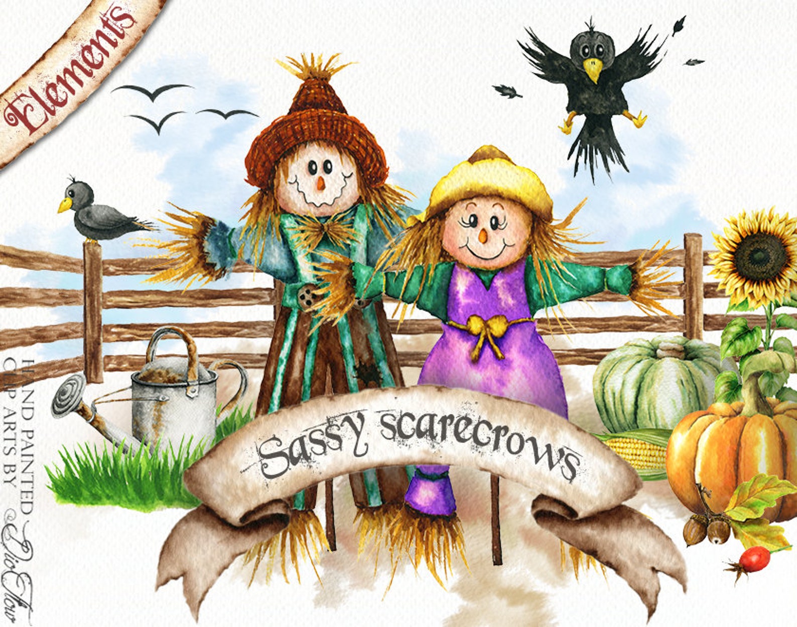 Watercolor Scarecrow Clipart Autumn Fall Clip Art Scarecrows | Etsy
