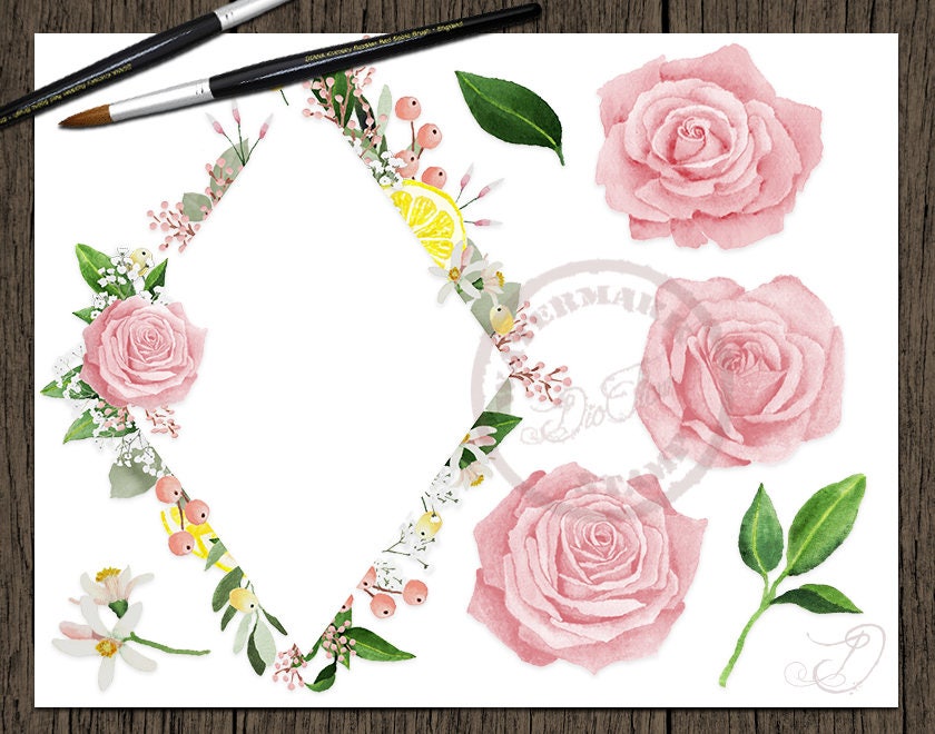 Pink Rose Lemon Clipart Lemonade Clip Art Flowers Watercolor - Etsy