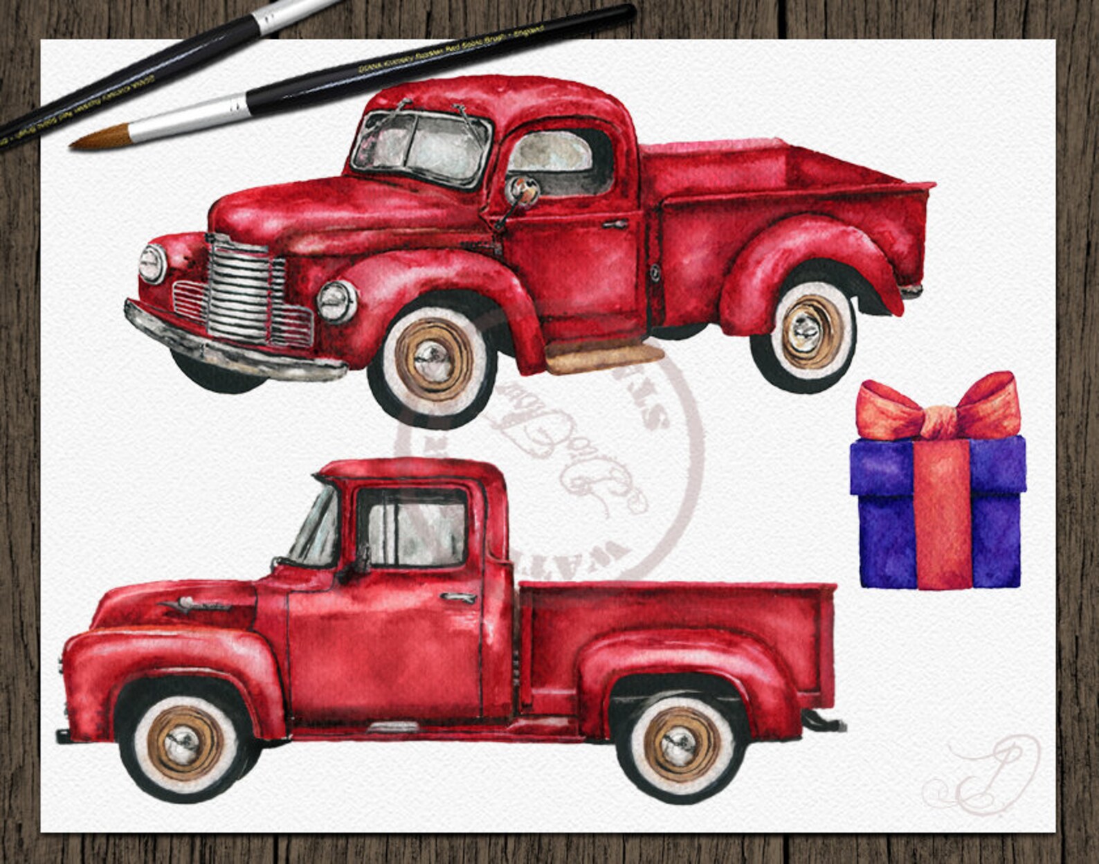 Watercolor Christmas Truck Clipart Pick up Clip Art Winter Red Trucks ...