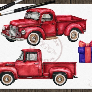 Watercolor Christmas Truck Clipart Pick up Clip Art Winter Red Trucks ...