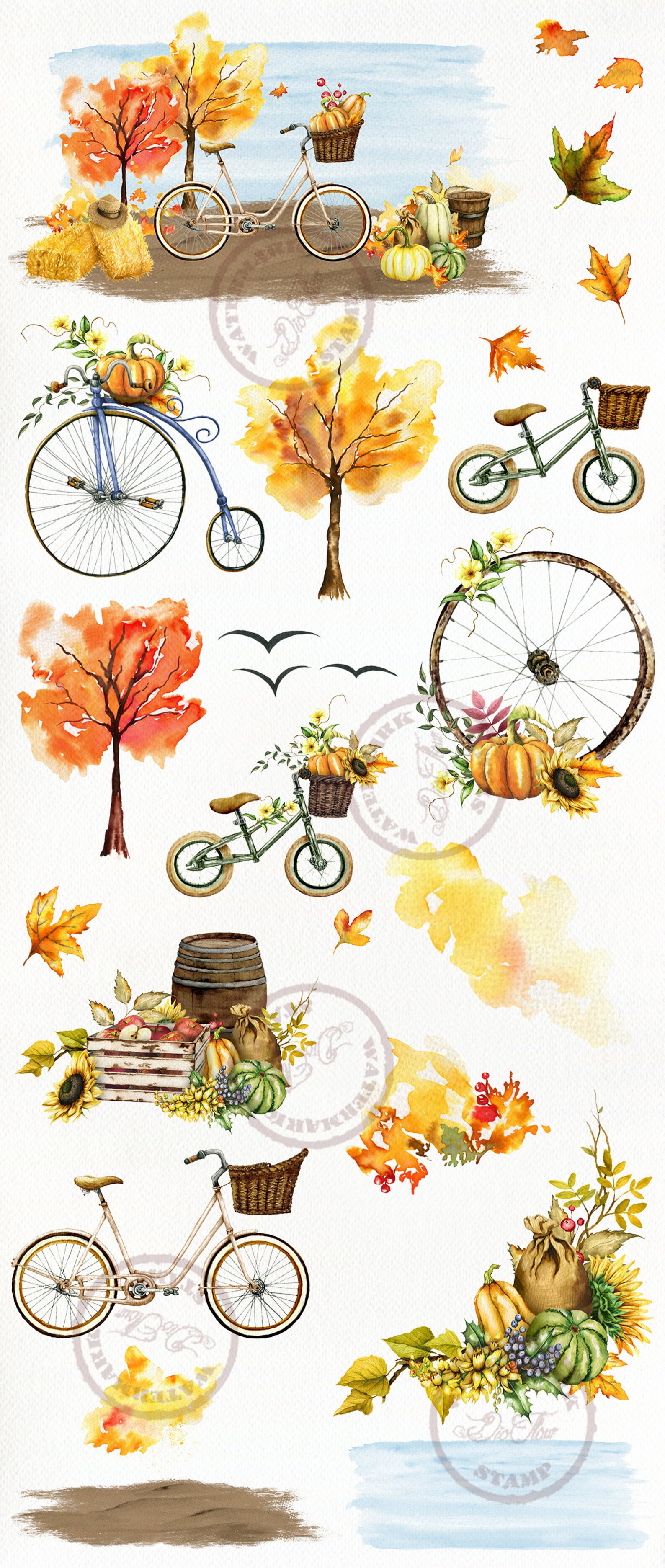 Watercolor Bike Autumn Bicycle Clipart Pumpkin Vintage Bike Bicycle ...