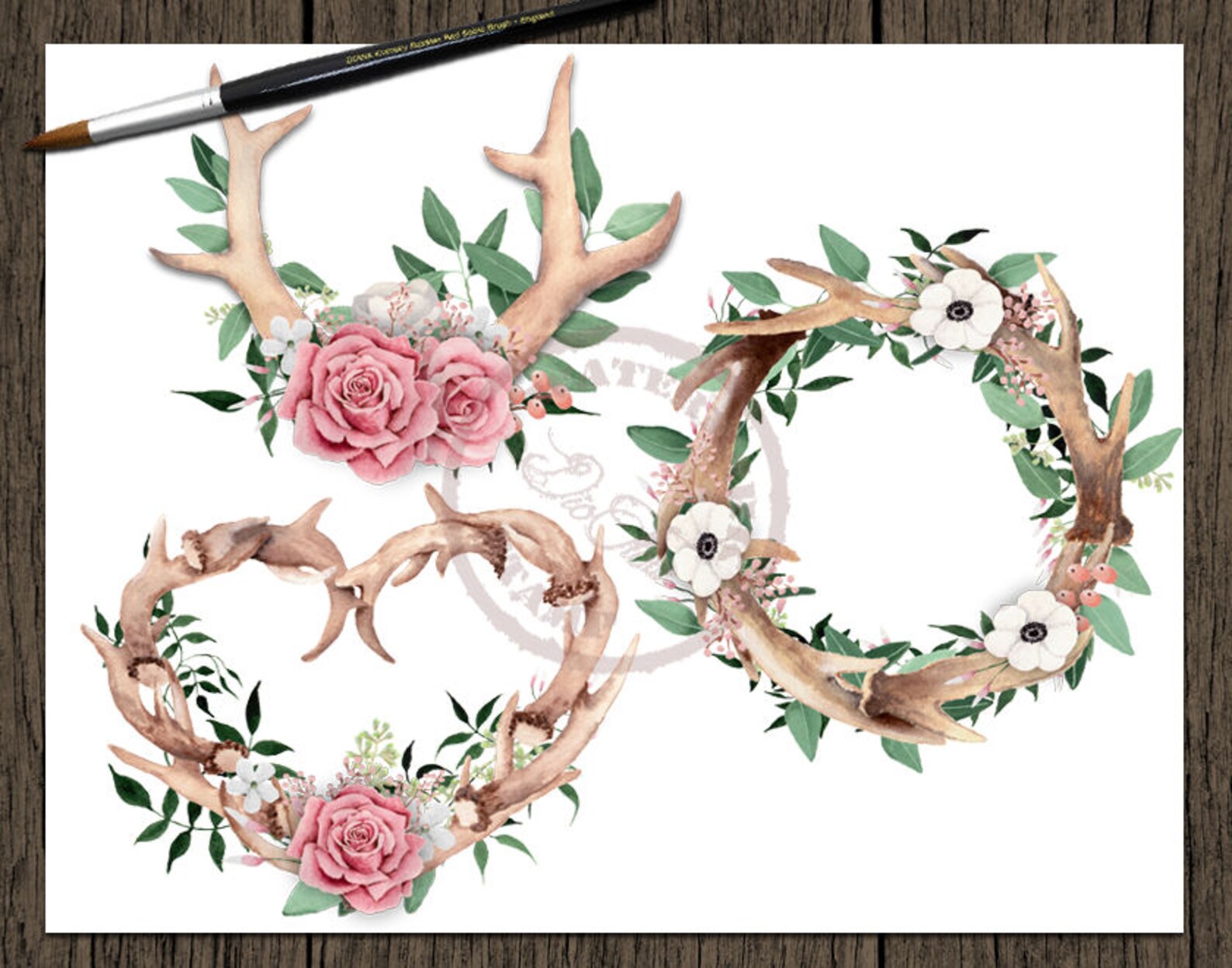Watercolor Antlers Rose Clipart Roses Woodland Floral Deer Antler ...