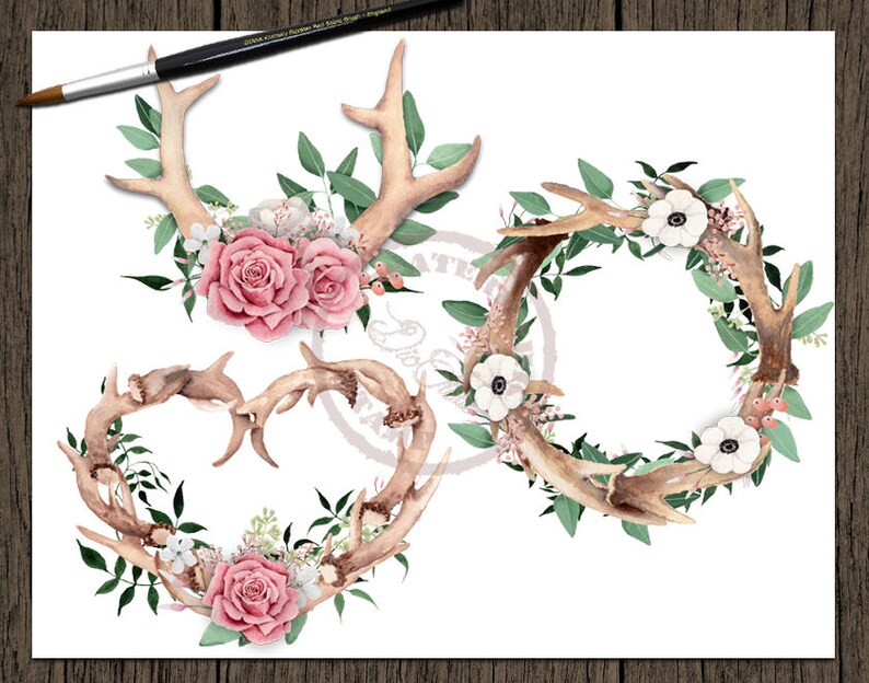 Watercolor Antlers Rose Clipart Roses Woodland Floral Deer Antler ...