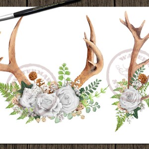 Antlers Clipart Rose Woodland White Floral Deer Watercolor Forest ...