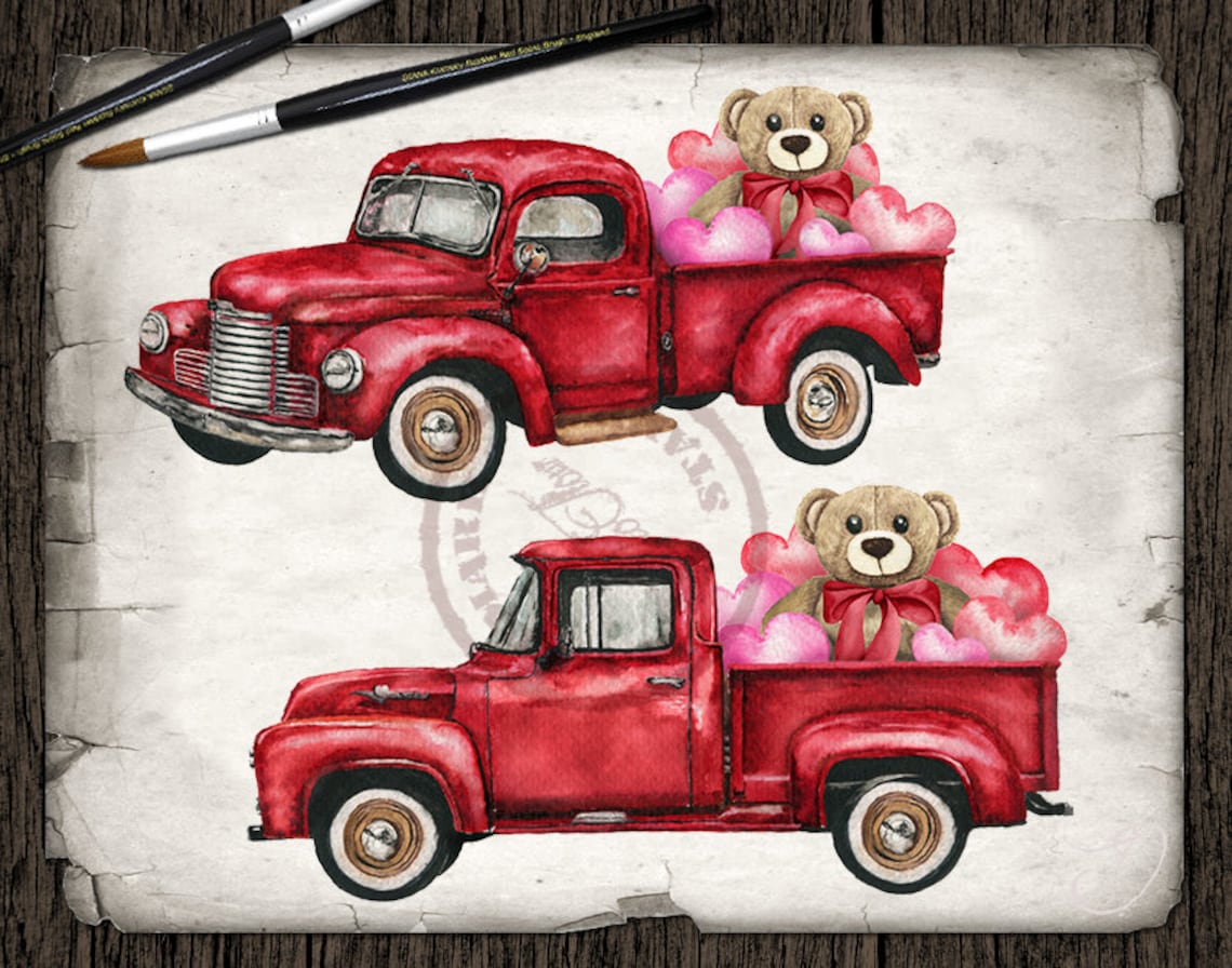 Watercolor Love Truck Clipart Valentine Pick up Clip Art Teddy - Etsy