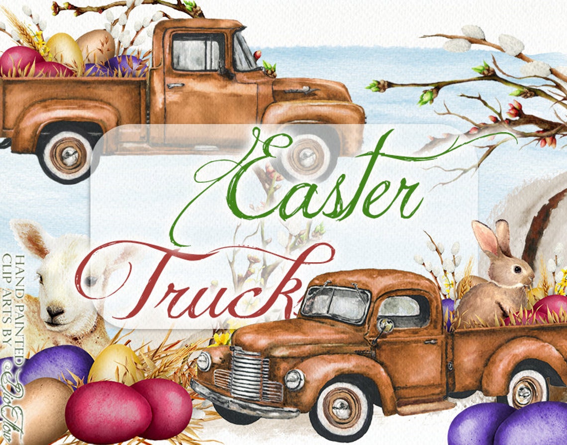 Watercolor Easter Truck Clipart Rabbit Eggs Clip Art Lamb - Etsy