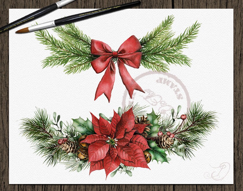 Watercolor Christmas Clipart Rustic Clip Art Winter Flowers - Etsy