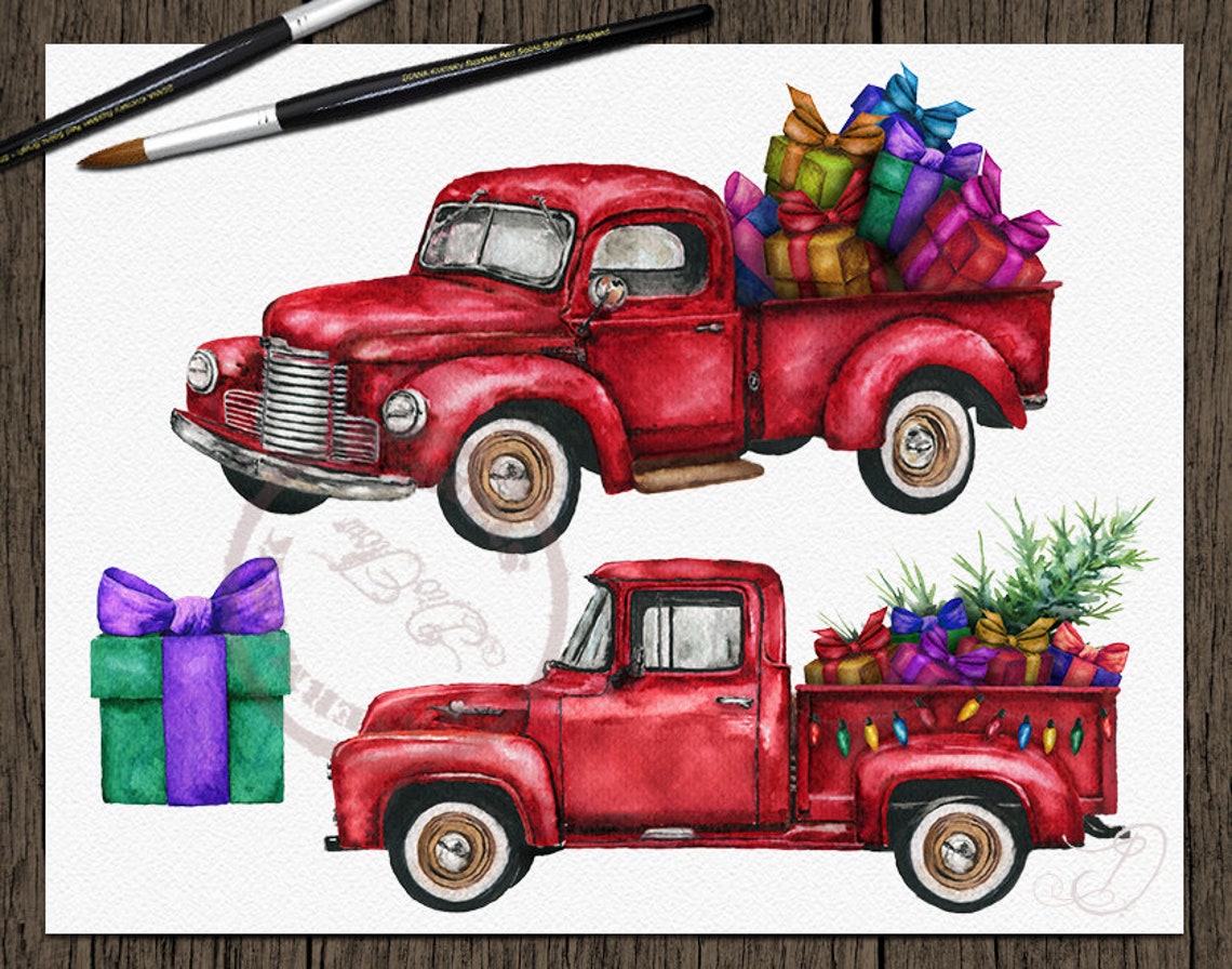 Watercolor Christmas Truck Clipart Pick up Clip Art Winter Red - Etsy