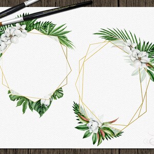 Watercolor Tropical Greenery Geometric Clipart Frame White Green Frames ...