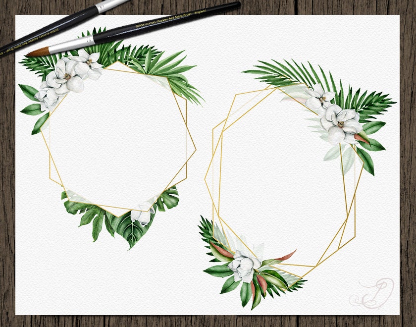 Watercolor Tropical Greenery Geometric Clipart Frame White - Etsy