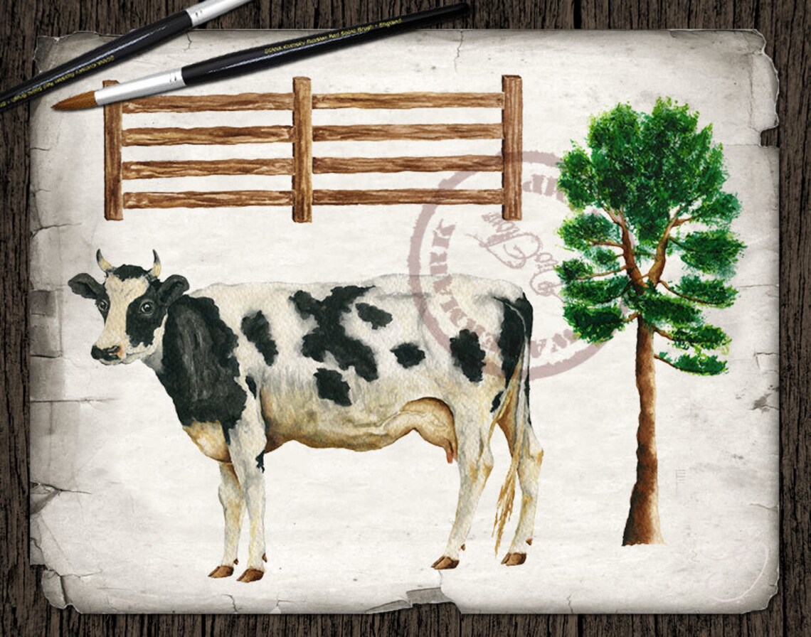Watercolor Farm Clipart Cow Milk Clip Art Barn Dairy Products Cow ...