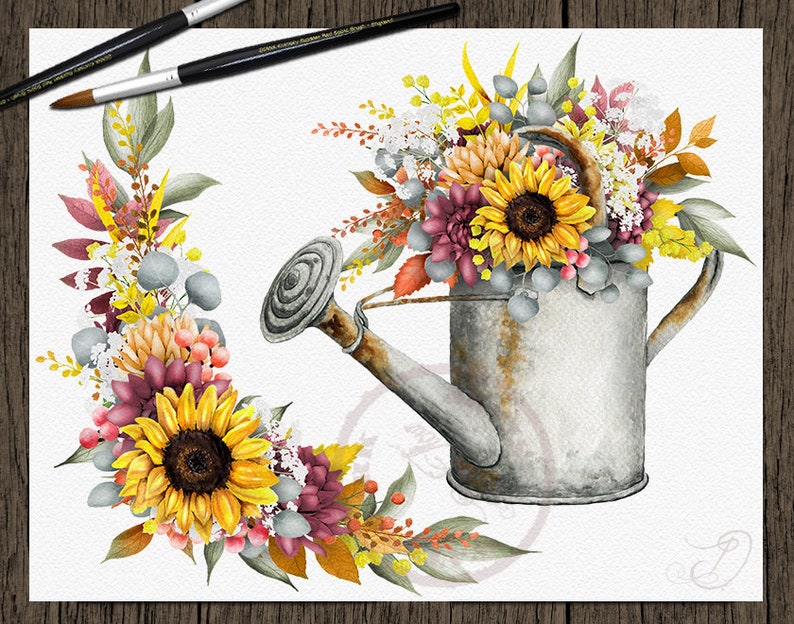 Watercolor Fall Autumn Clipart Sunflower Dahlia Fall Leaves Burgundy ...