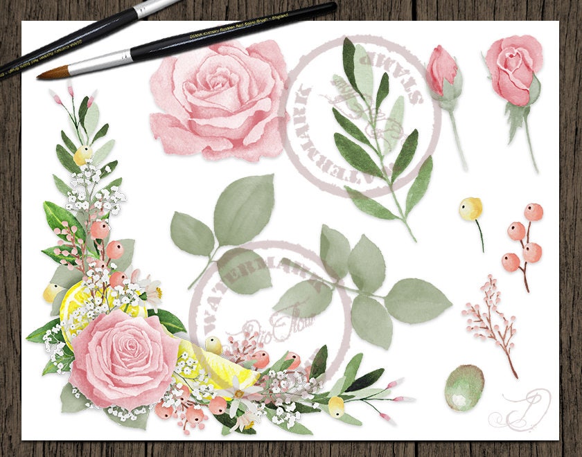Pink Rose Lemon Clipart Lemonade Clip Art Flowers Watercolor - Etsy