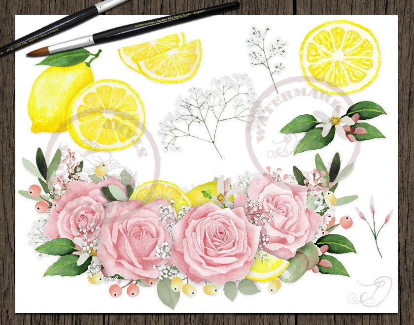 Pink Rose Lemon Clipart Lemonade Clip Art Flowers Watercolor - Etsy