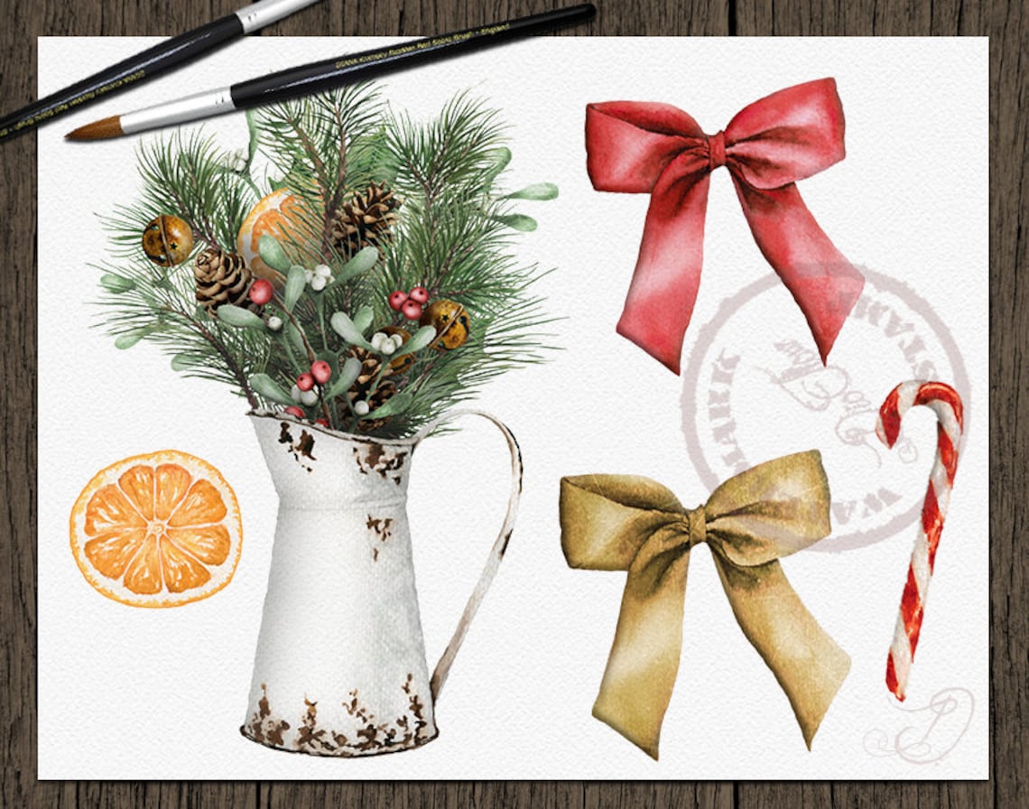 Watercolor Christmas Clipart Rustic Clip Art Winter Flowers - Etsy