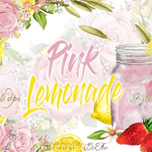 Pink Rose Lemon Clipart Lemonade Strawberry Flowers Watercolor Fruits ...
