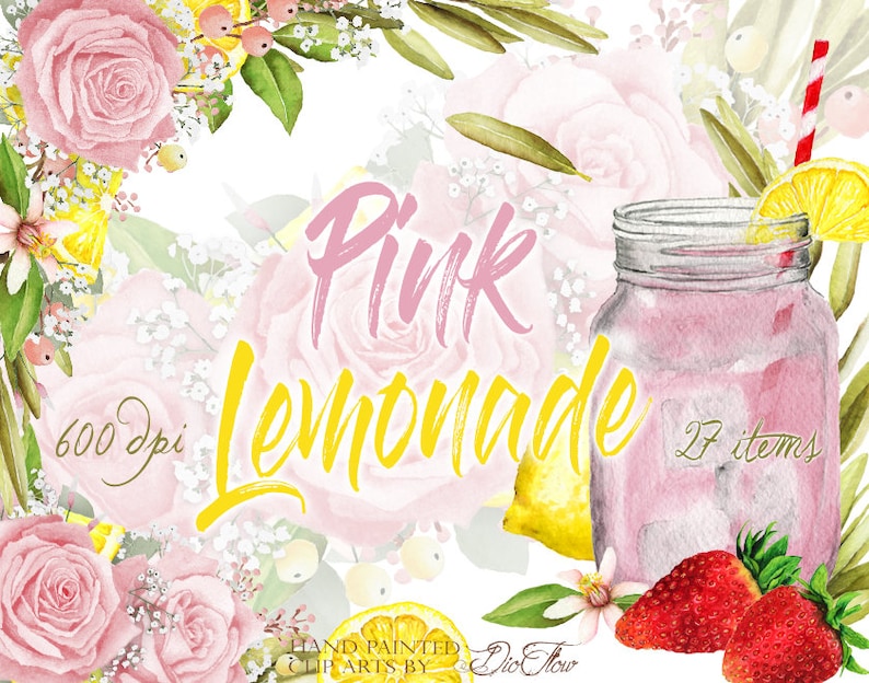 Pink Rose Lemon Clipart Lemonade Strawberry Flowers Watercolor - Etsy