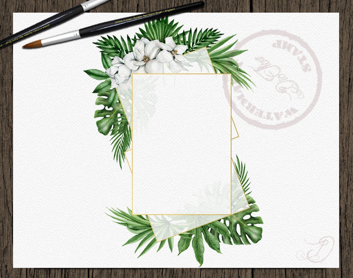 Watercolor Tropical Greenery Geometric Clipart Frame White - Etsy