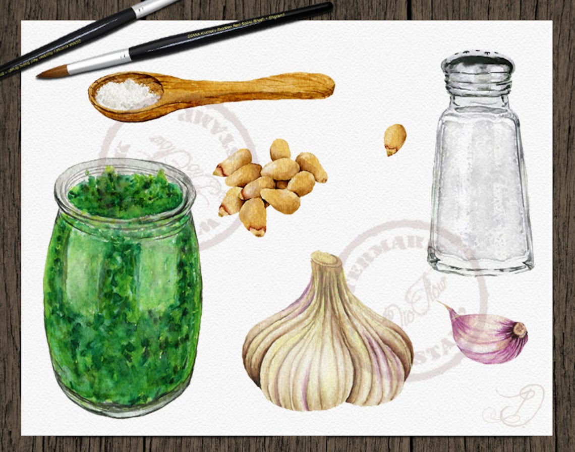 Watercolor Pesto Clipart Clip Art Basil Pine Nut Parmesan | Etsy
