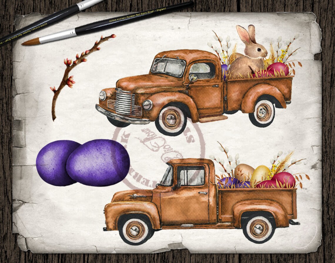 Watercolor Easter Truck Clipart Rabbit Eggs Clip Art Lamb - Etsy