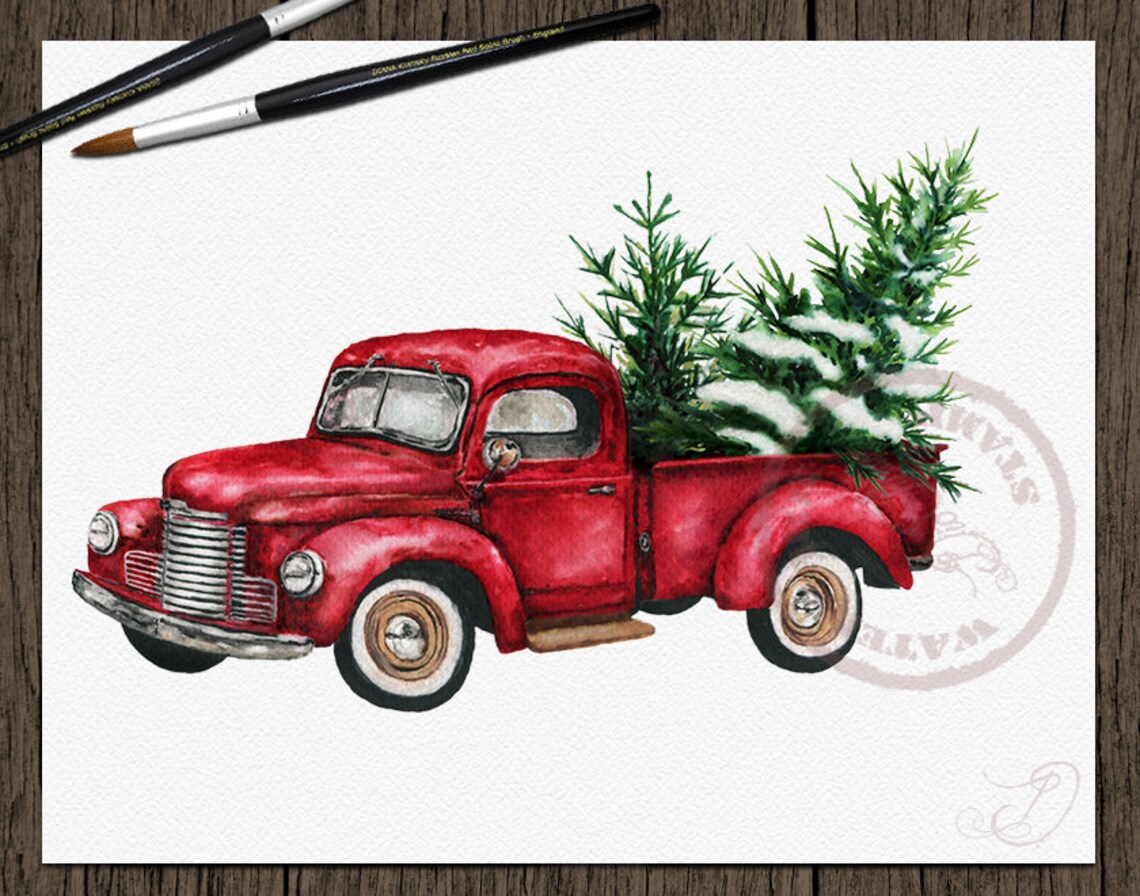 Watercolor Christmas Truck Clipart Pick up Clip Art Winter Red - Etsy