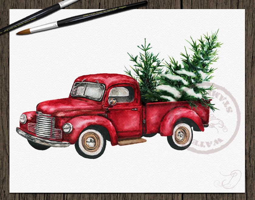 Watercolor Christmas Truck Clipart Pick up Clip Art Winter Red | Etsy