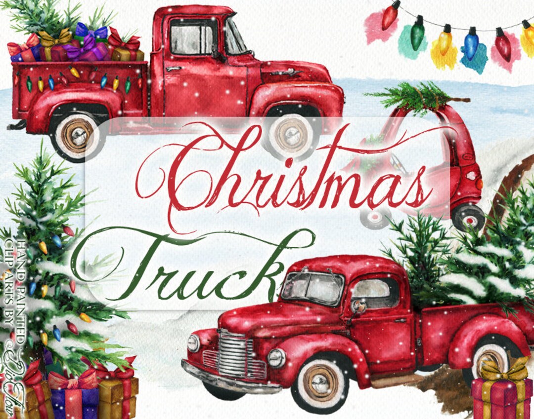 Watercolor Christmas Truck Clipart Pick up Clip Art Winter Red Trucks ...