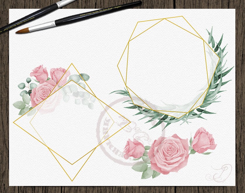 Watercolor Eucalyptus Rose Geometric Clipart Rose Frame - Etsy