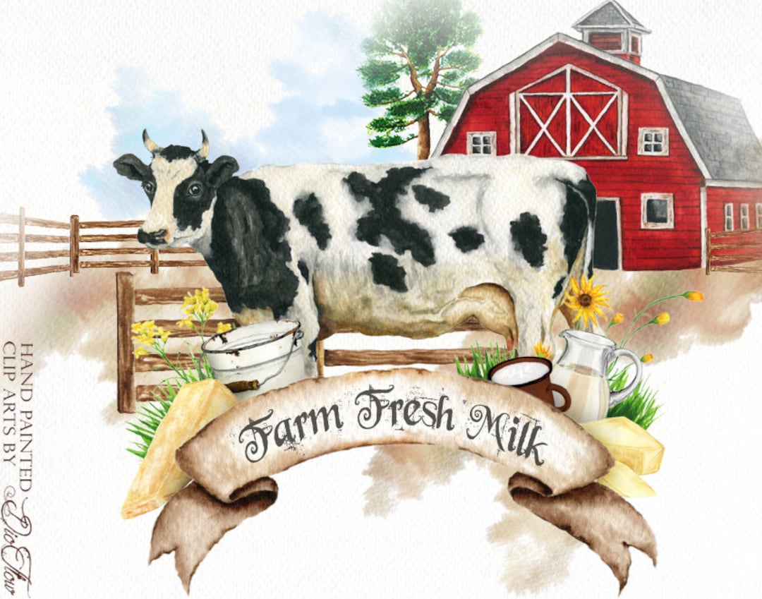 Watercolor Farm Clipart Cow Milk Clip Art Barn Dairy Products Cow ...