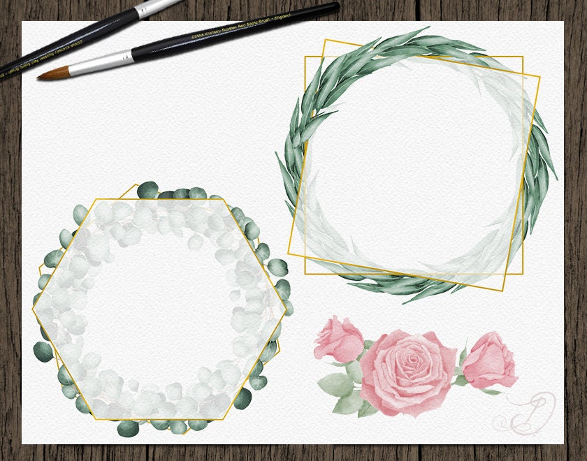 Watercolor Eucalyptus Rose Geometric Clipart Rose Frame - Etsy