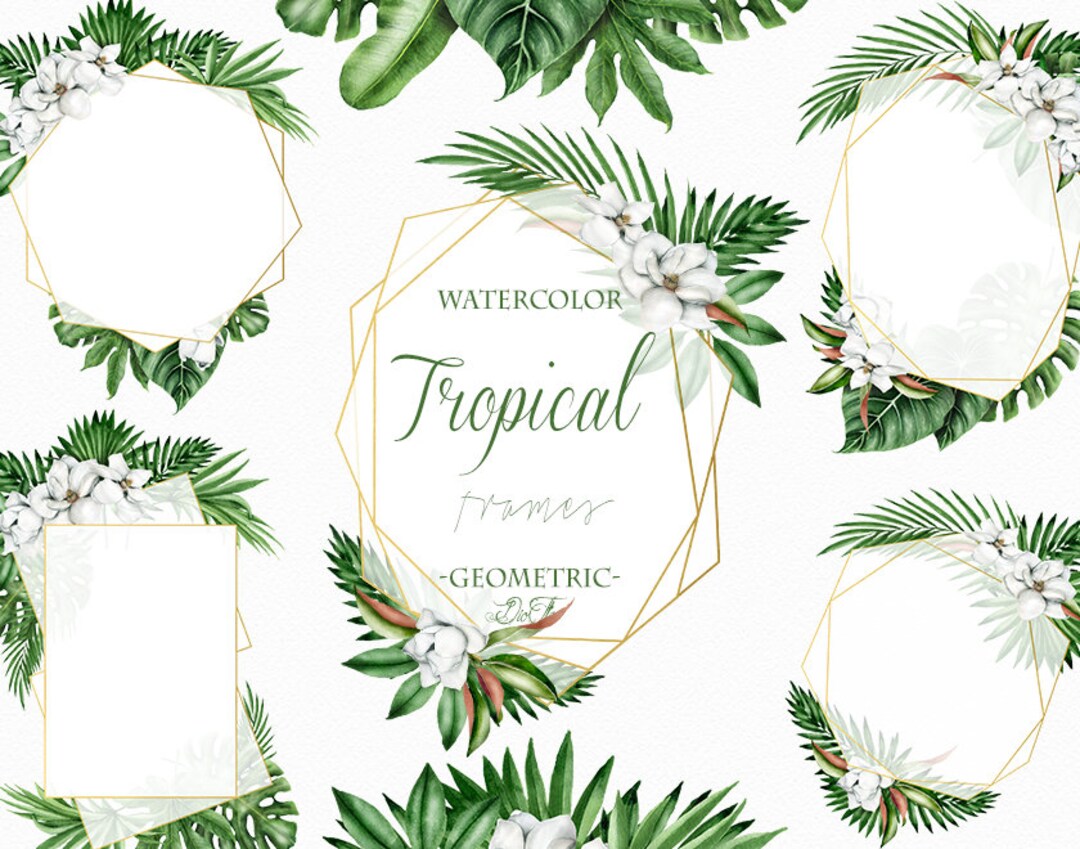 Watercolor Tropical Greenery Geometric Clipart Frame White Green Frames ...