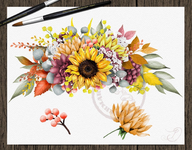 Watercolor Fall Autumn Clipart Sunflower Dahlia Fall Leaves Burgundy ...