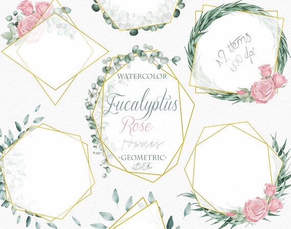 Watercolor Eucalyptus Rose Geometric Clipart Rose Frame - Etsy