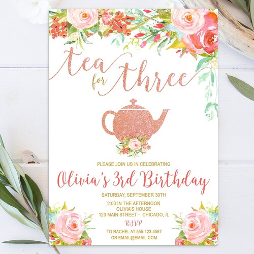 Editable Tea for Three Birthday Invitation Girl Tea Party | Etsy